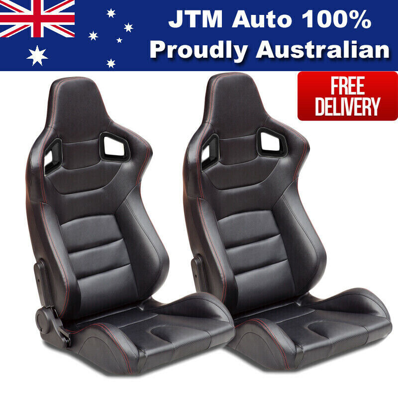 BN PAIR PU Leather BLACK WITH RED STITCHING RACING SPORT SEATS | JTM-AUTO