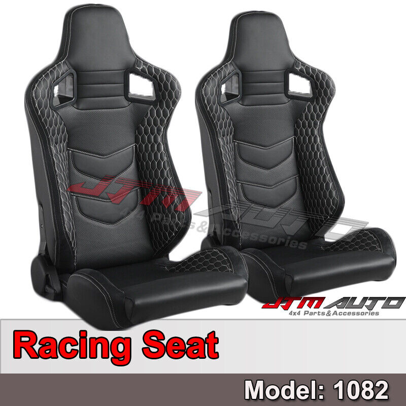BN PAIR PU Leather BLACK WITH WHITE STITCHING RACING SPORT SEATS | JTM-AUTO